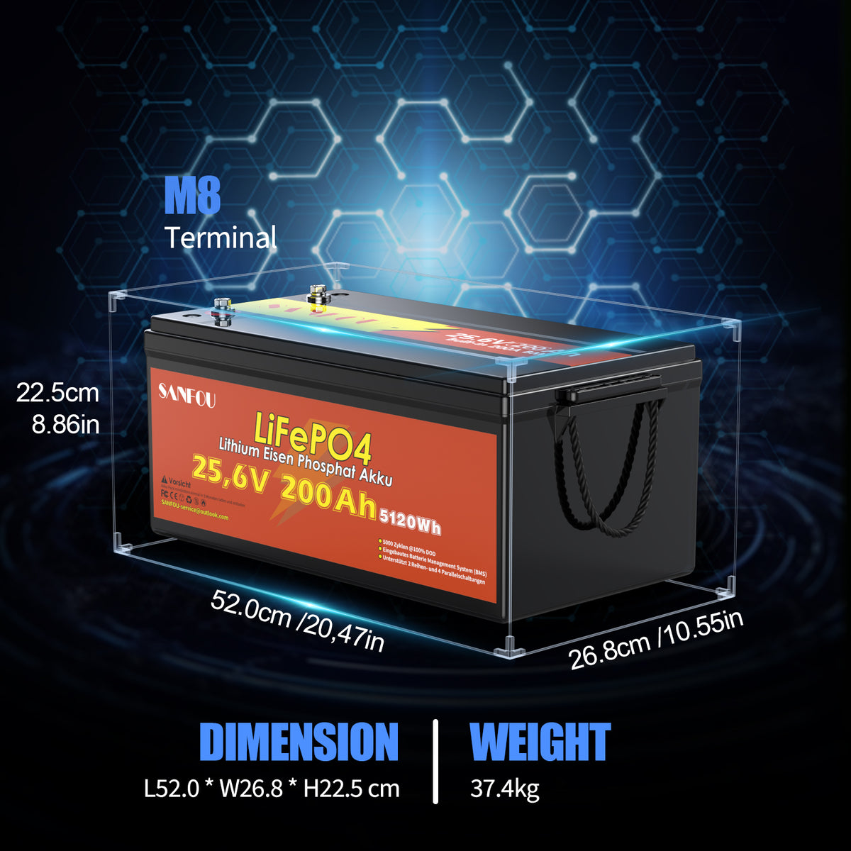SANFOU 25.6V 200Ah LiFePO4 battery, Built-in 200A BMS